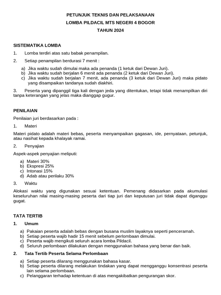 Petunjuk Teknis Dan Pelaksanaan Lomba Pildacil | PDF