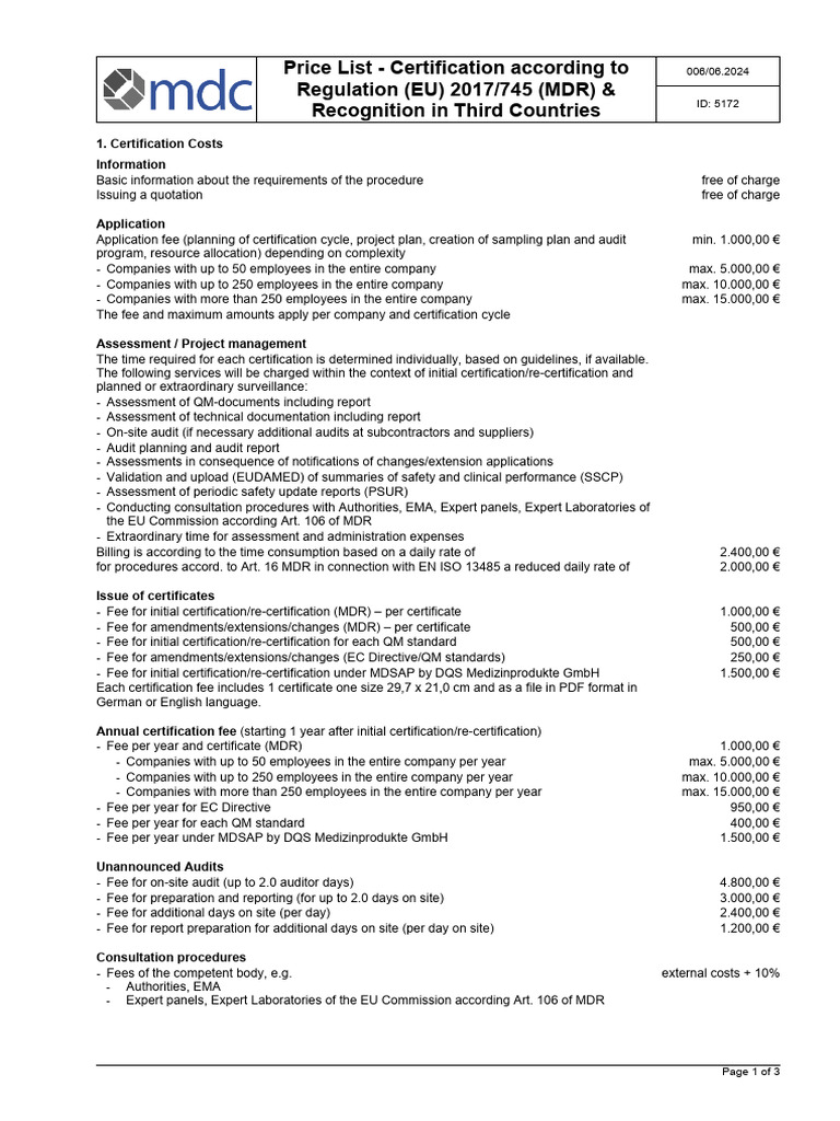 MDR Certification Cost Breakdown | PDF | Audit