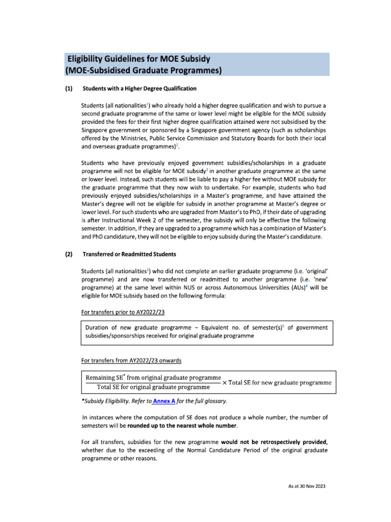 Eligibility Guidelines For MOE Subsidy | PDF