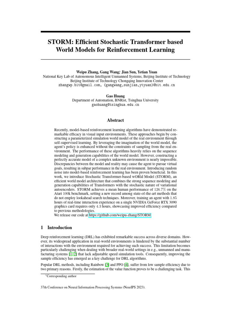 NeurIPS 2023 Storm Efficient Stochastic Transformer Based World Models For Reinforcement ...