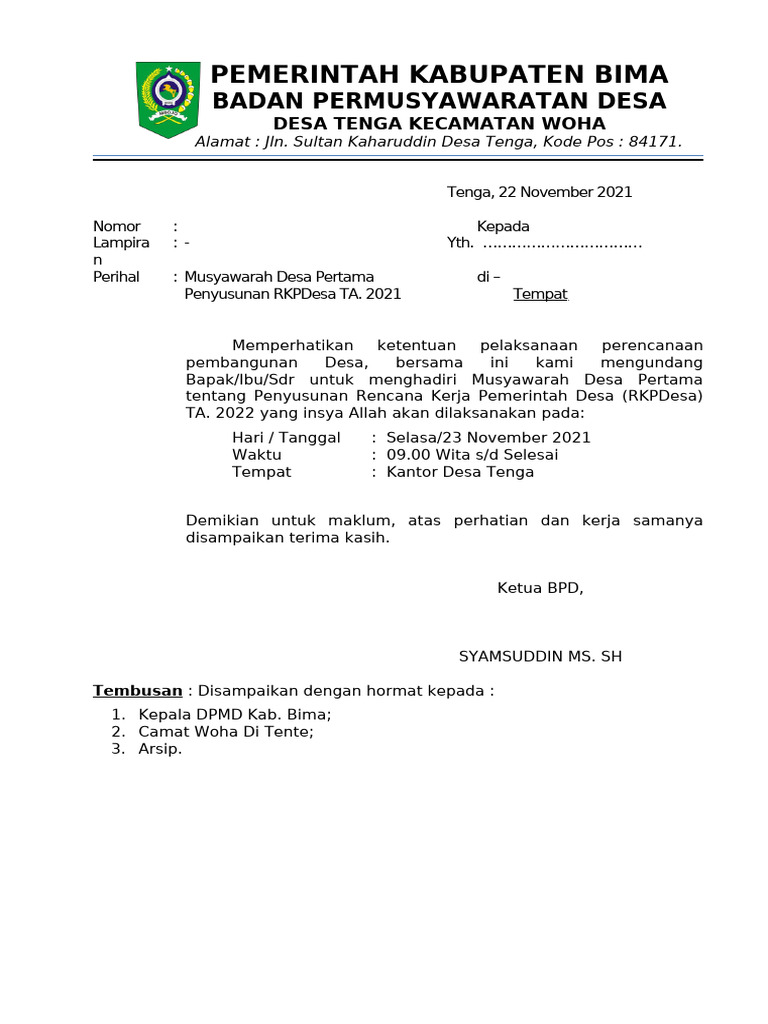 Contoh Surat BPD MusDes Pertama 01 2022 | PDF