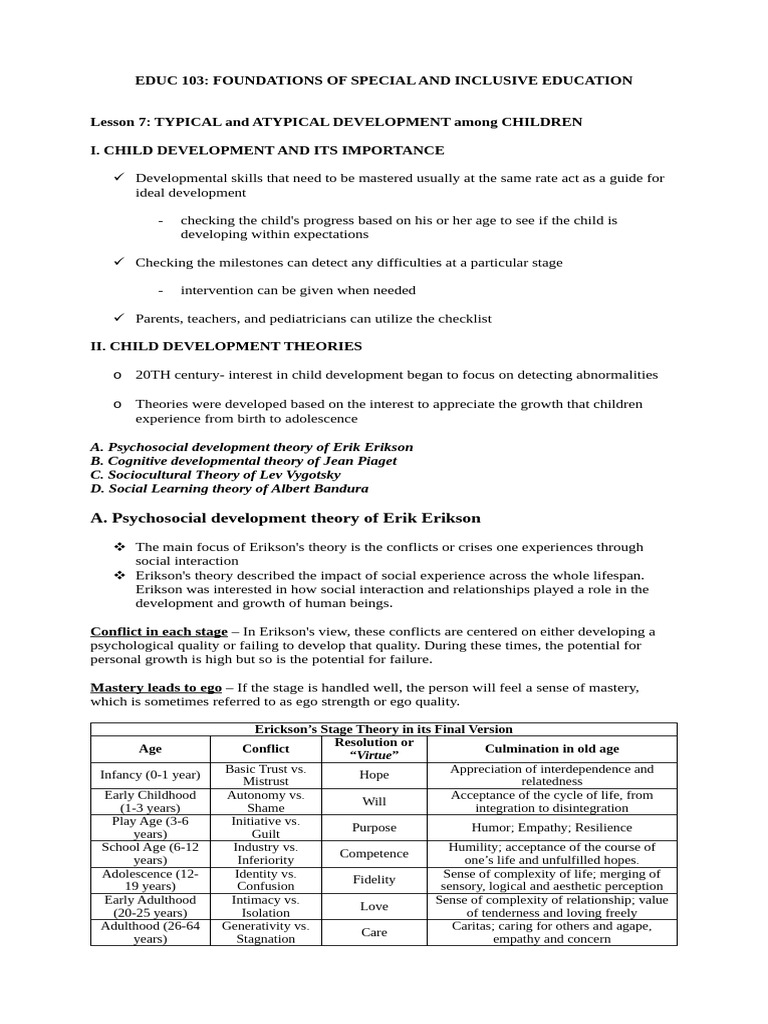 EDUC 103 - Lesson 7 - Typical and Atypical Development | PDF | Schema (Psychology) | Cognitive ...