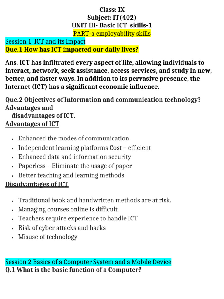 CL 9 Unit 3 Basic Ict Skills-I 2025-26 | PDF | Random Access Memory | Byte