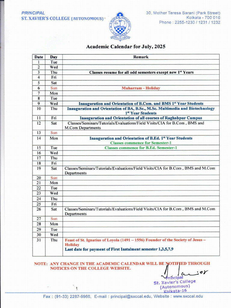 SXC Academic Calendar 2025-26 | PDF | Academic Term | Observances