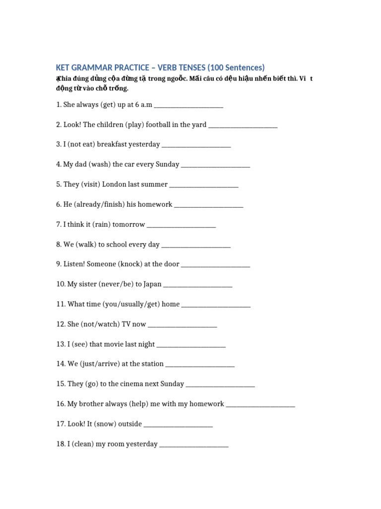 KET Verb Tenses Practice Exercises | PDF | Grammar | Linguistics