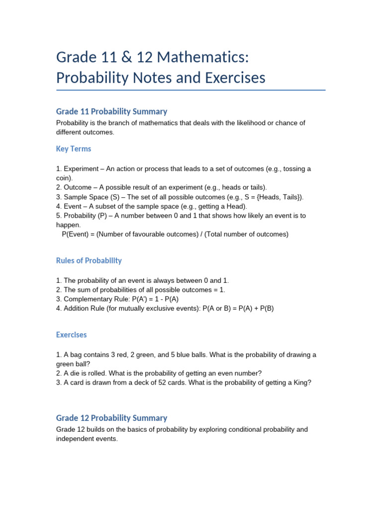 Grade 11 & 12 Probability Notes | PDF