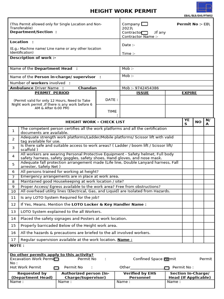 EBAL - 02-Height Work Permit | PDF | Occupational Safety And Health | Safety