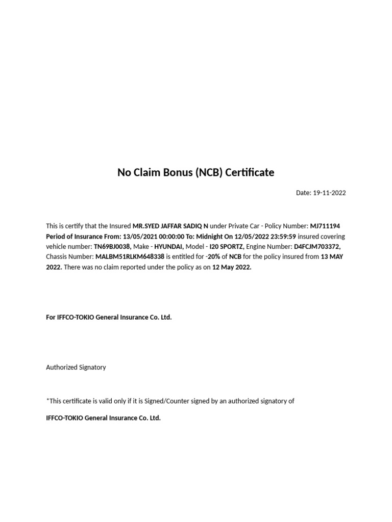 No Claim Bonus Certificate for Car Insurance | PDF