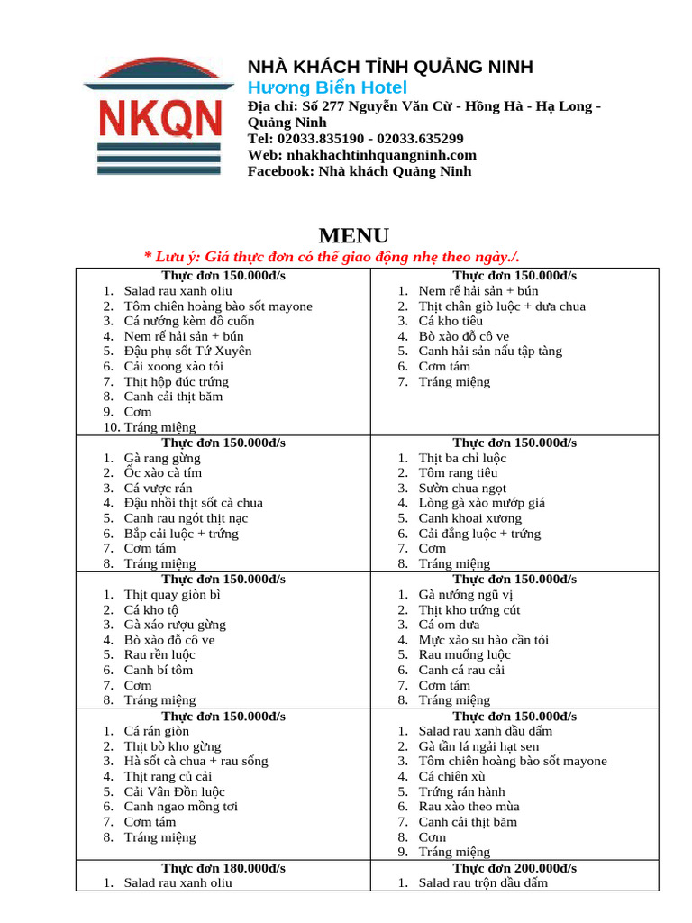 Menu Nhà Khách Tỉnh QN 2025 | PDF