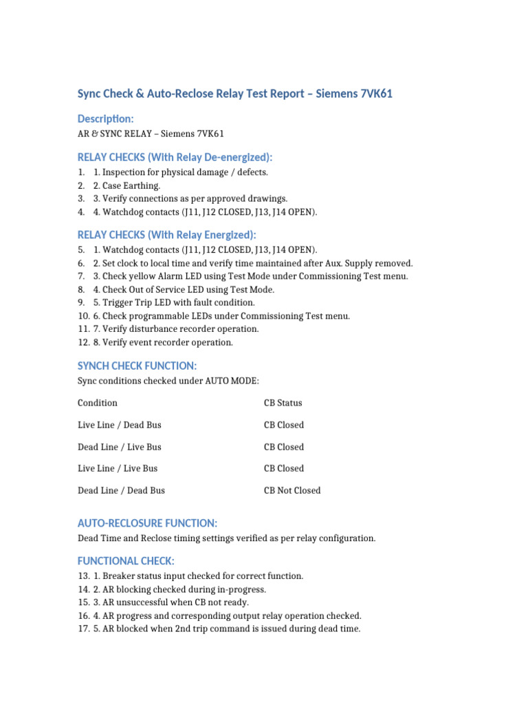 Siemens 7VK61 Sync Check Report | PDF