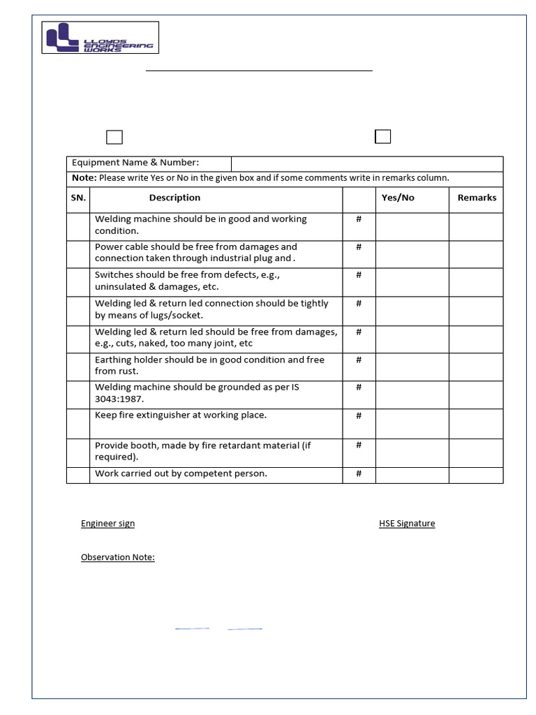 Welding Machine Inspection Checklist | PDF