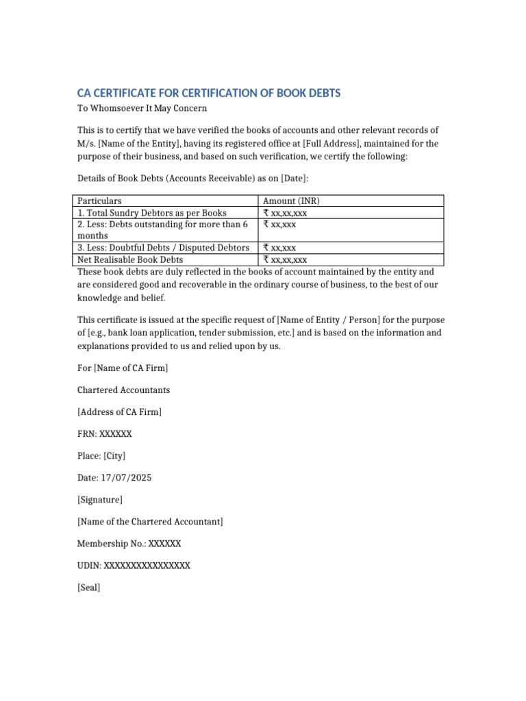 CA Certificate Book Debts | PDF