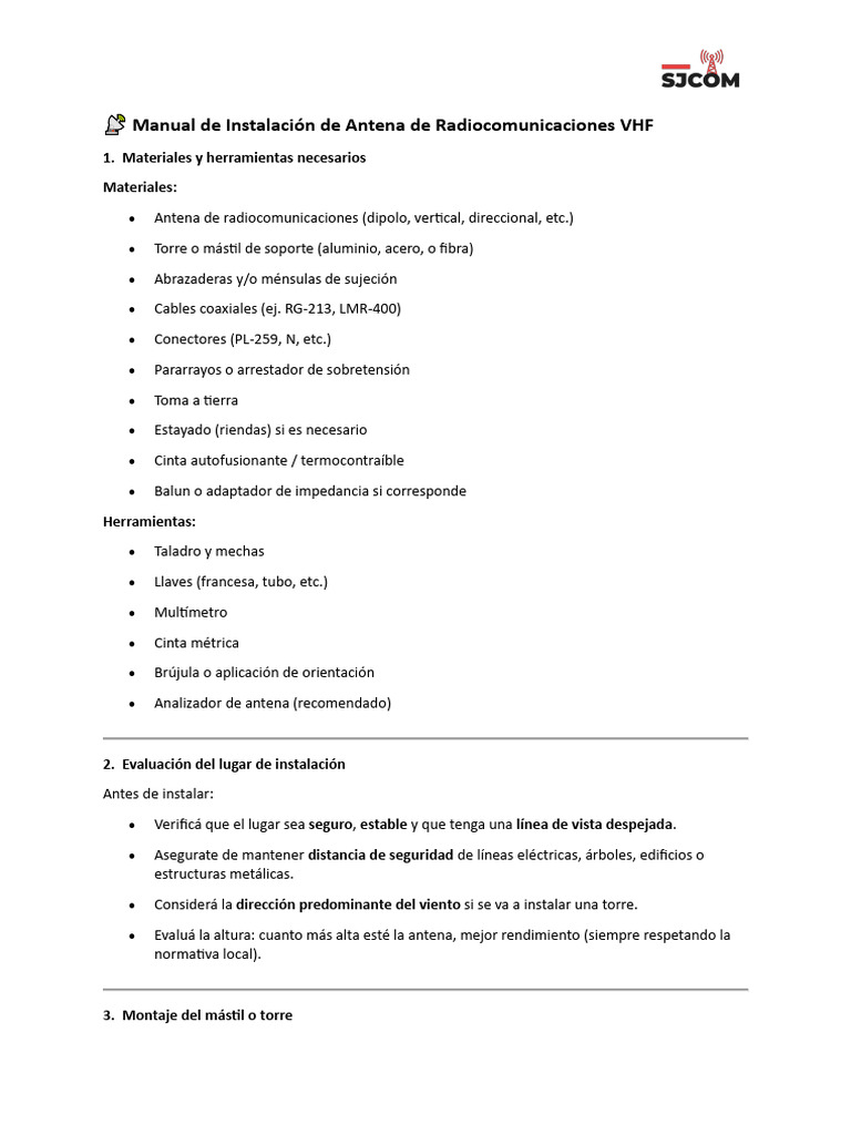 Instalación de Antena VHF: Guía Completa | PDF | Antena (Radio) | Cable ...