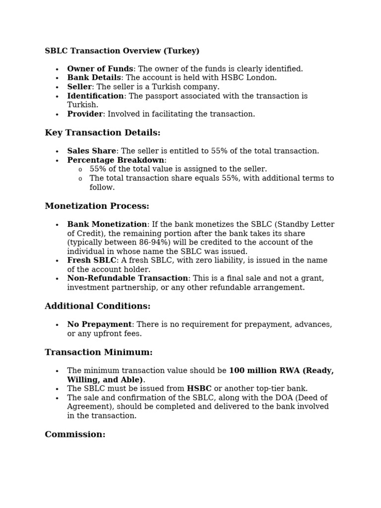 SBLC Transaction Guide for Turkey | PDF