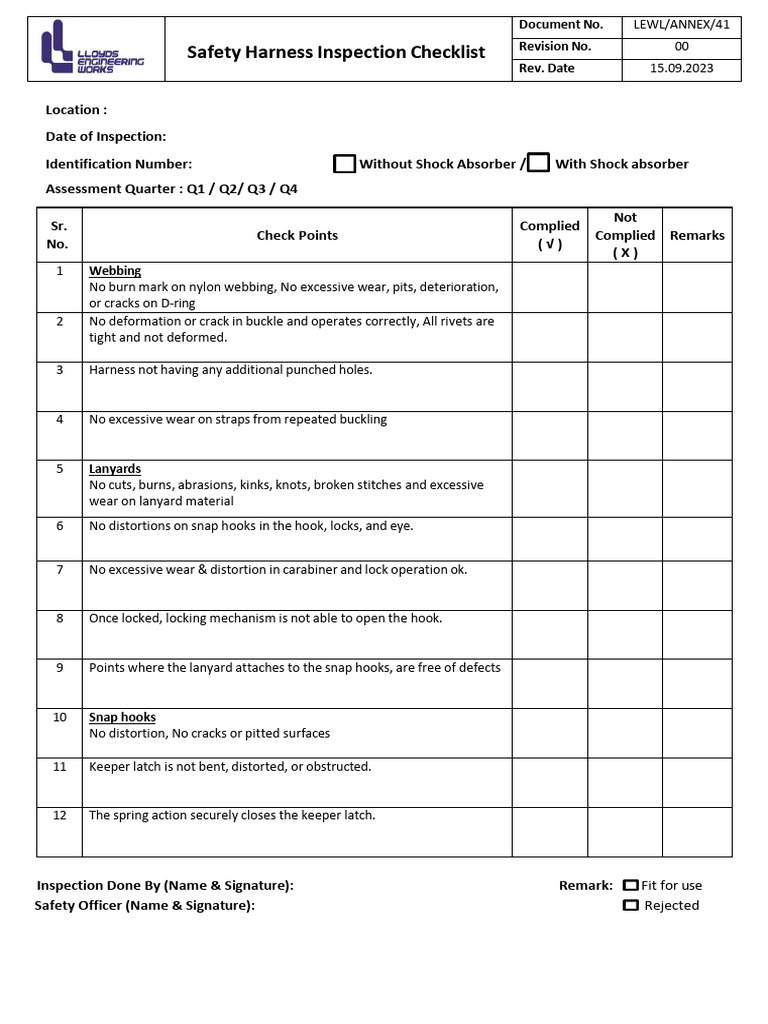 Safety Harness Inspection Checklist | PDF