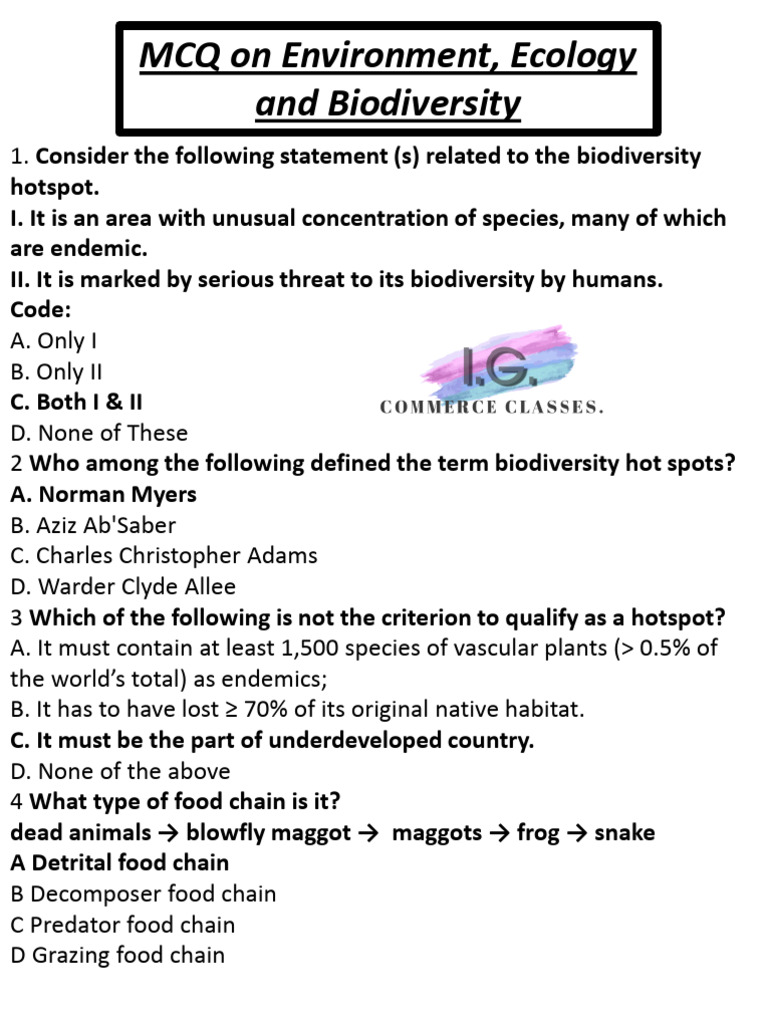Environment Ecology and Biodiversity 100 MCQ | PDF | Food Web | Ecosystem