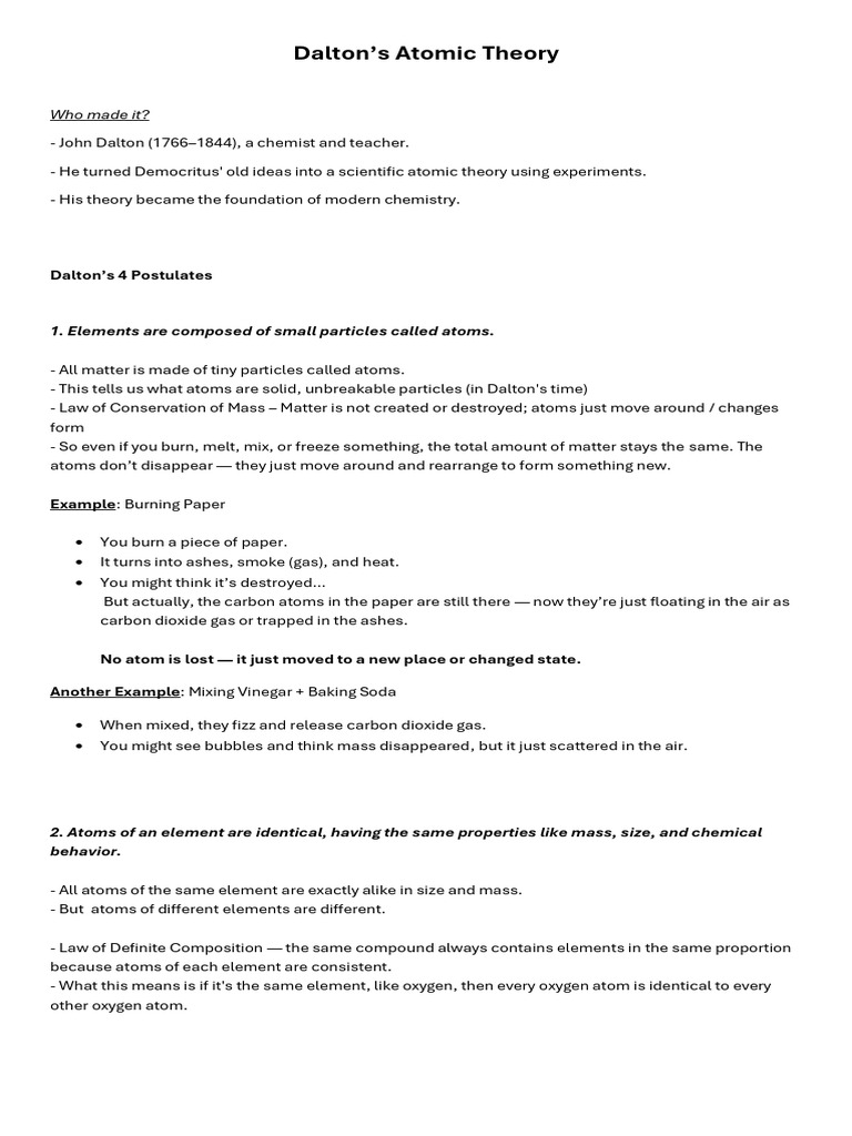 Daltons Atomic Theory Notes | PDF | Atoms | Chemical Elements