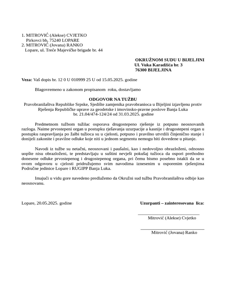 Odgovor Na Tužbu, Mitrović (Alekse) Cvjetko I Mitrović (Jovana) Ranko | PDF