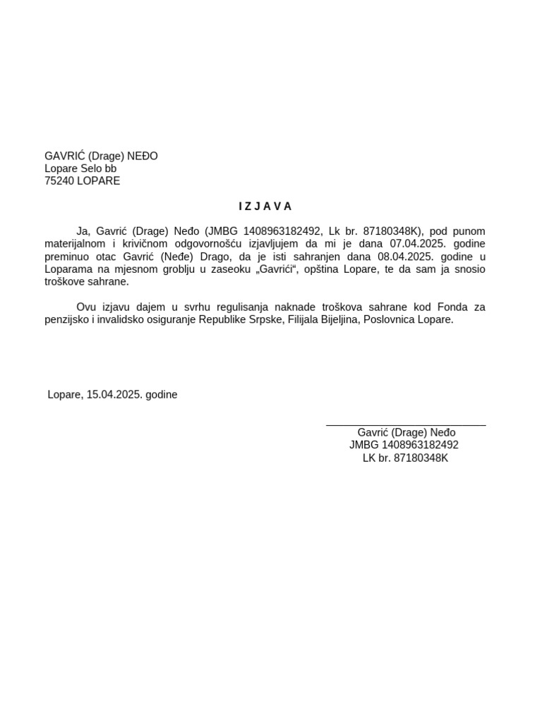 Izjava, Gavrić (Drage) Neđo | PDF