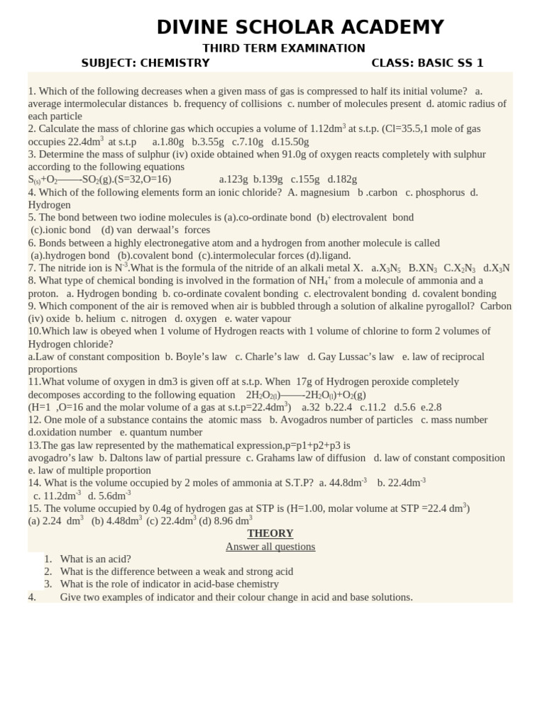 SS1 Chemistry Third Term Exam Questions | PDF | Chemical Bond | Mole (Unit)