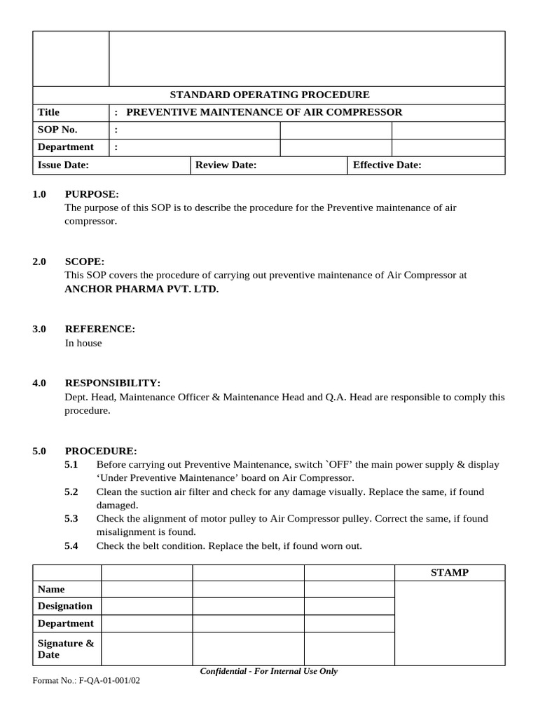 Air Compressor Maintenance SOP | PDF | Manufactured Goods | Mechanical ...