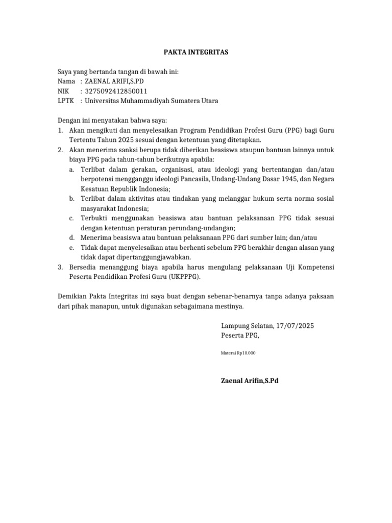 Contoh Fakta Integritas PPG | PDF