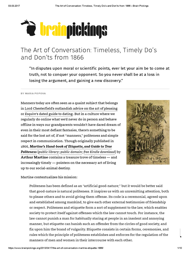The Art of Conversation - Timeless, Timely Do's and Don'Ts From 1866 - Brain Pickings | PDF