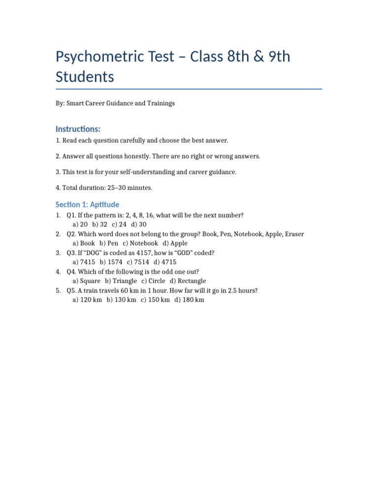 Class 8-9 Psychometric Test Guide | PDF