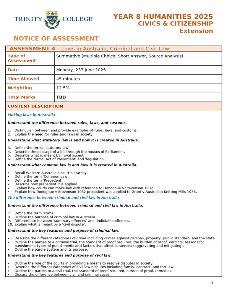 Year 8 Civics Assessment: Laws in Australia | PDF | Burden Of Proof ...