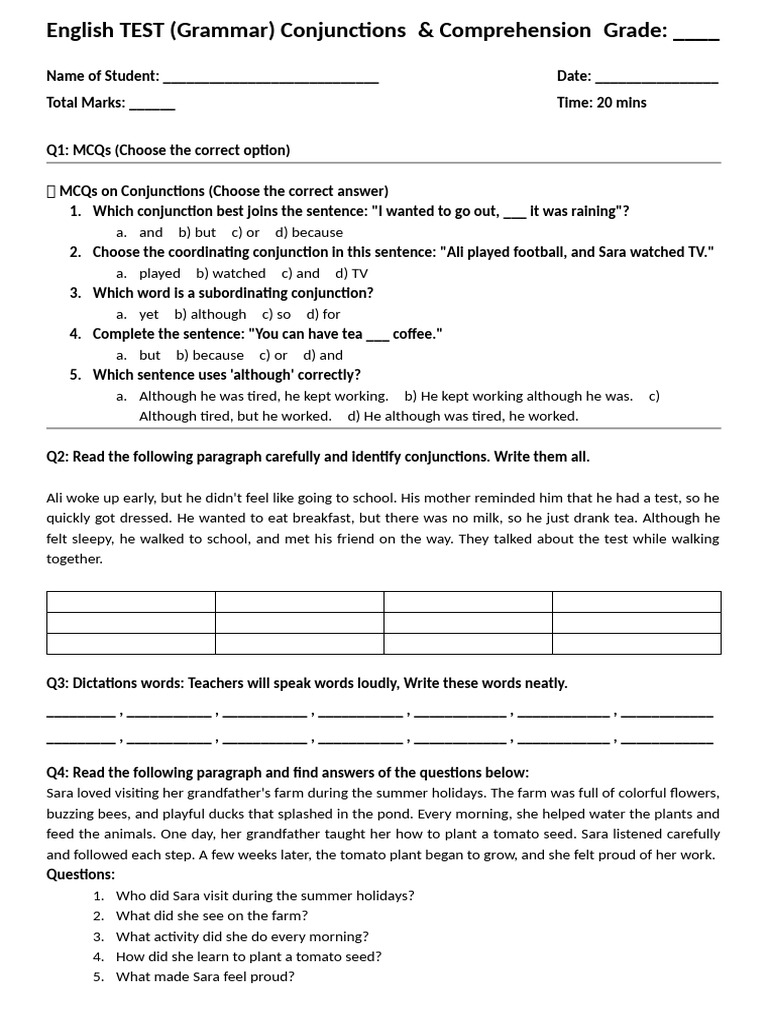 English Conjunction Test | PDF