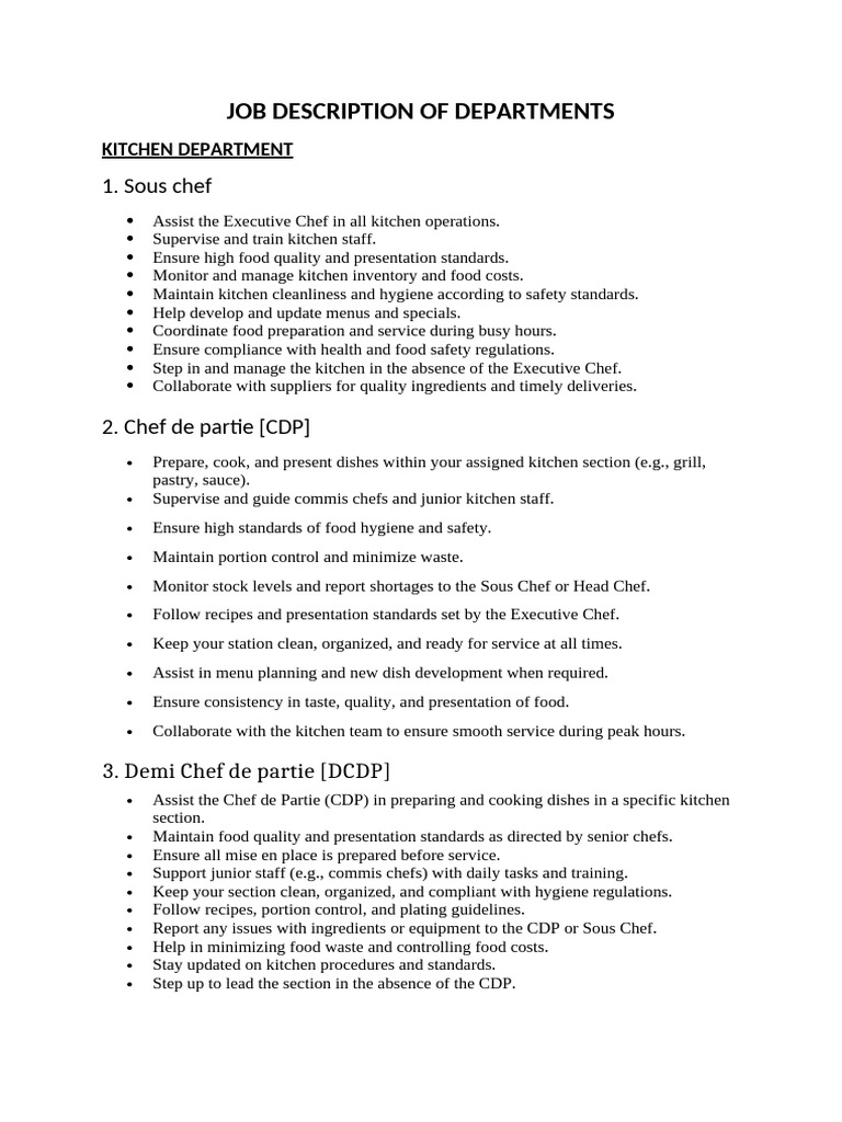 Kitchen Department Job Responsibilities | PDF | Chef | Housekeeping