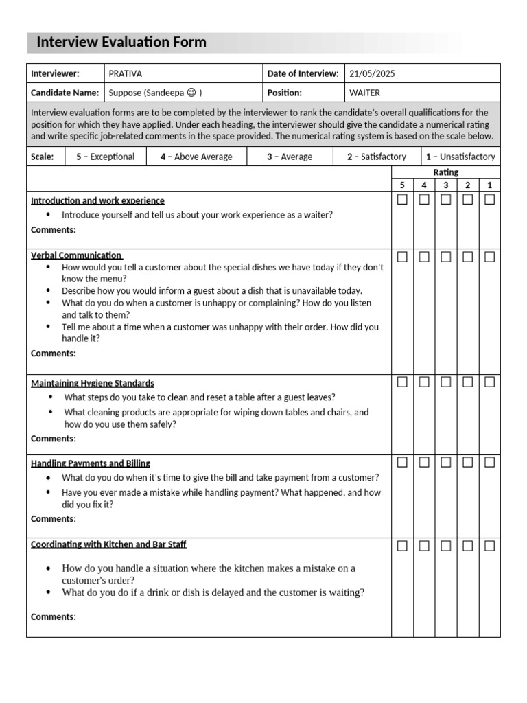 Interview Evaluation Form - Waiter - PRATIVAAAAAAAA | PDF | Waiting Staff