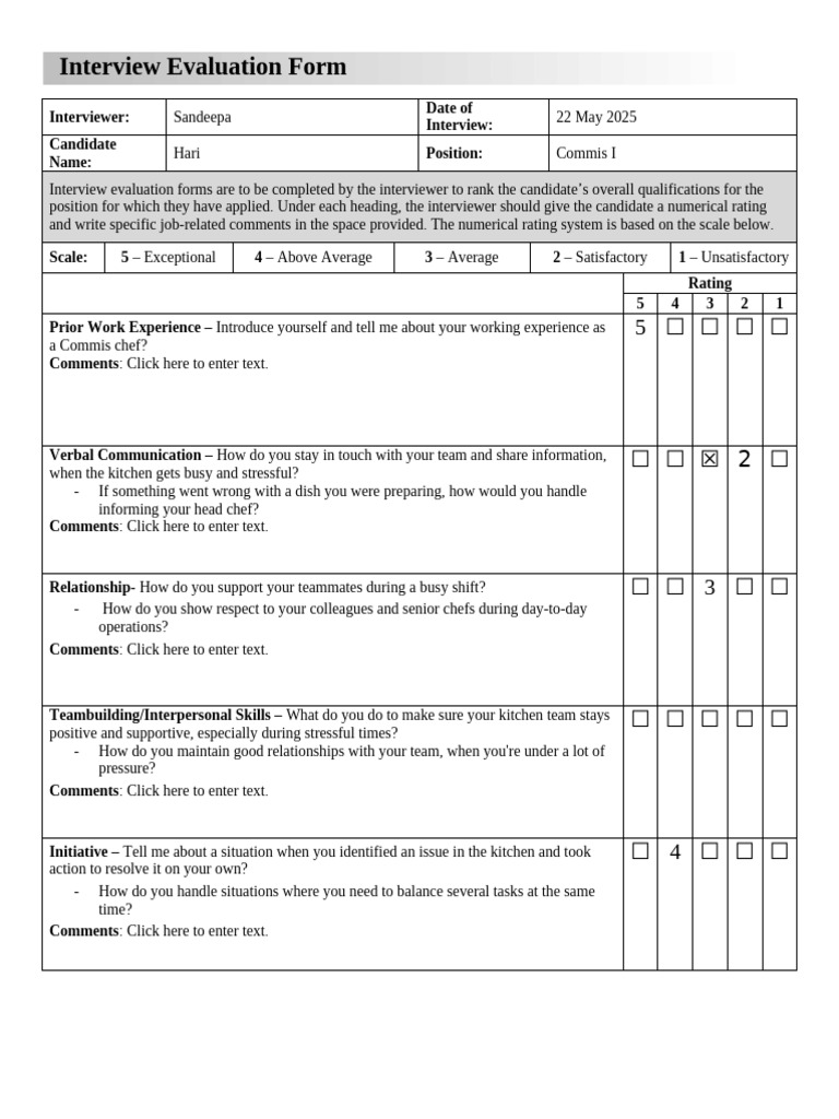 Interview Evaluation Form Cook | PDF | Chef | Social Psychology