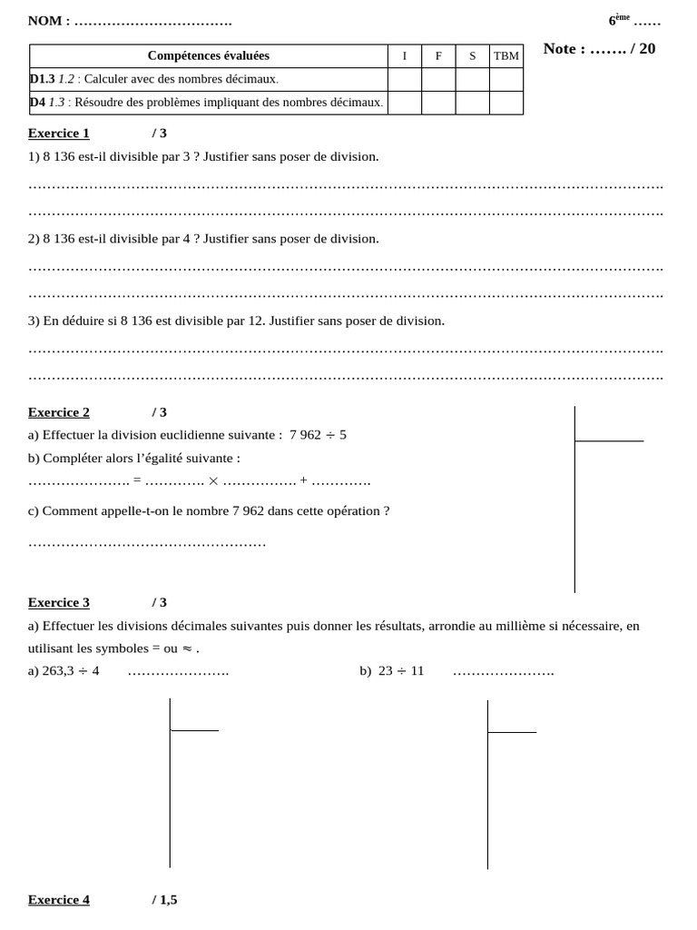 Évaluation de division décimale 6ème | PDF | Mathématiques