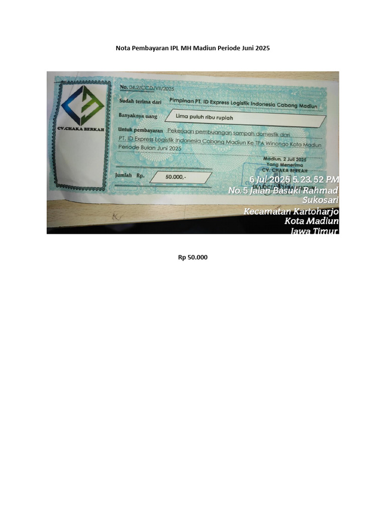 Nota Pembayaran IPL MH Madiun Periode Juni 2025 | PDF