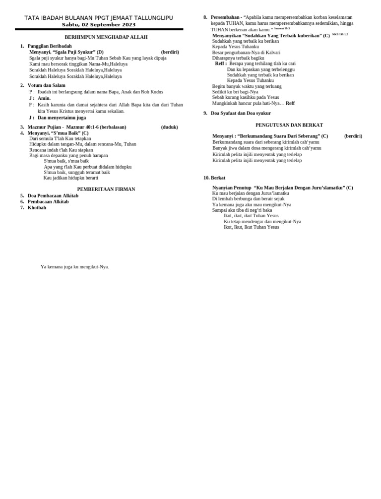 Tata Ibadah Bulanan PPGT Jemaat Tallunglipu 9 Mwi | PDF