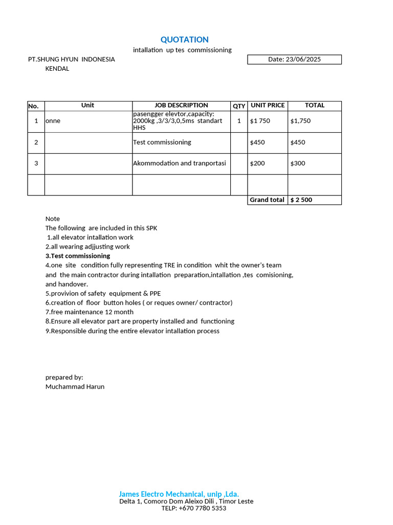 Lift Installation Quotation Summary | PDF