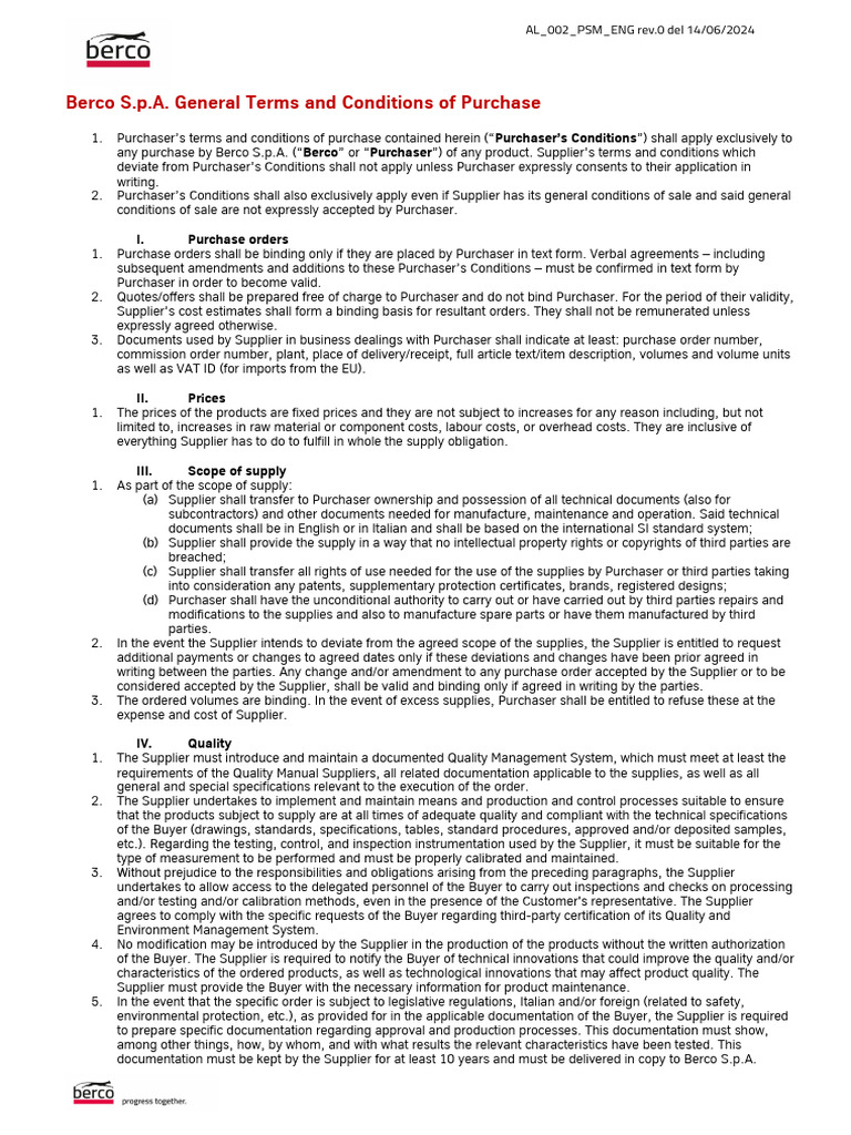 Berco S.p.A. Purchase Terms Overview | PDF | Indemnity | Procurement