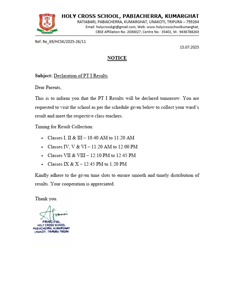 Holy Cross School PT I Results Notice | PDF