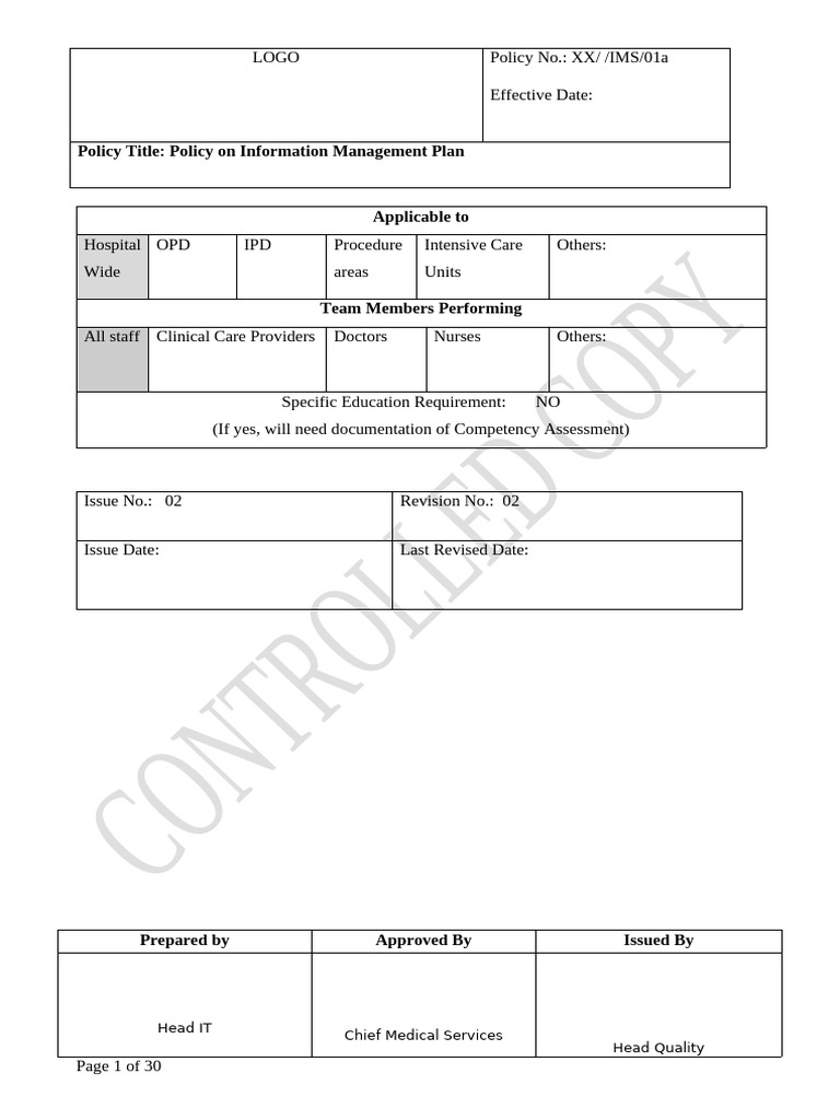Ims 01a Policy On Information Management Plan | PDF | Information ...