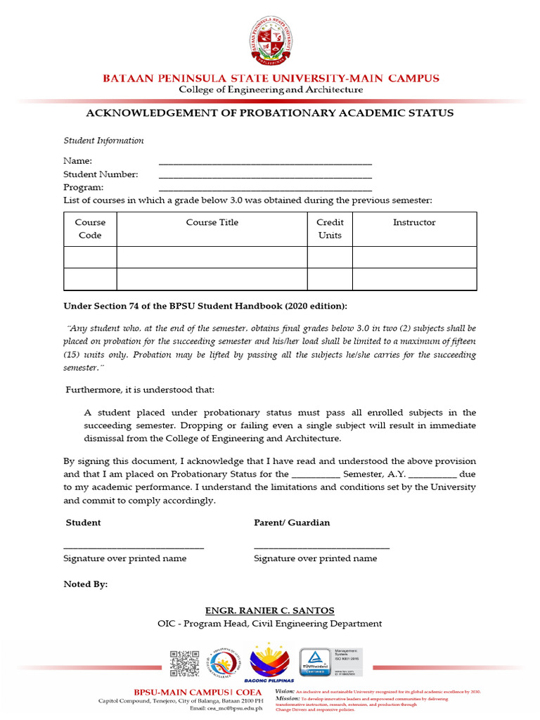 Acknowledgment of Academic Probation | PDF