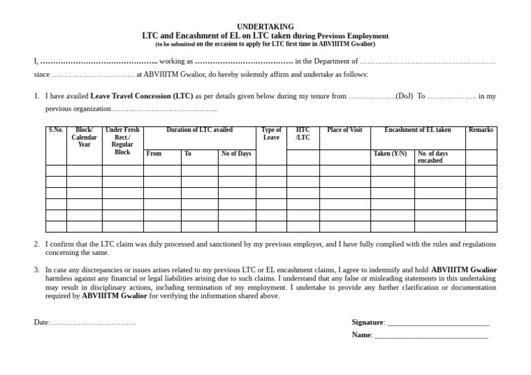 Undertaking LTC Taken During Previous Employment | PDF