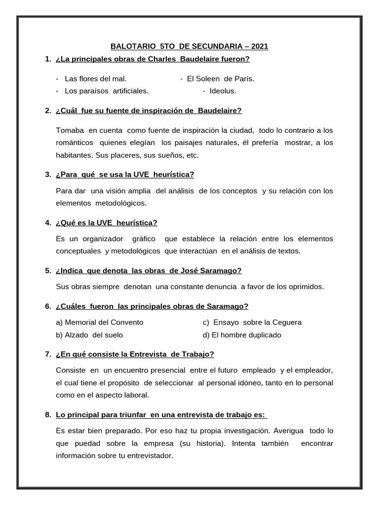 Balotario Quinto de Secundaria | PDF