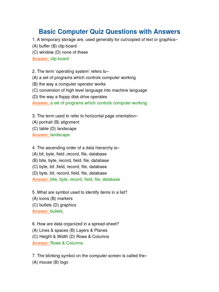 Basic Computer Quiz Questions With Answers | PDF | Computer File | Computer Programming