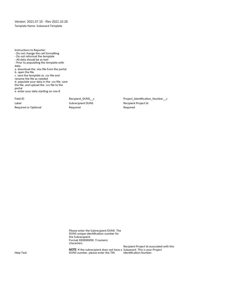 Subaward Data Template Instructions | PDF | Written Communication
