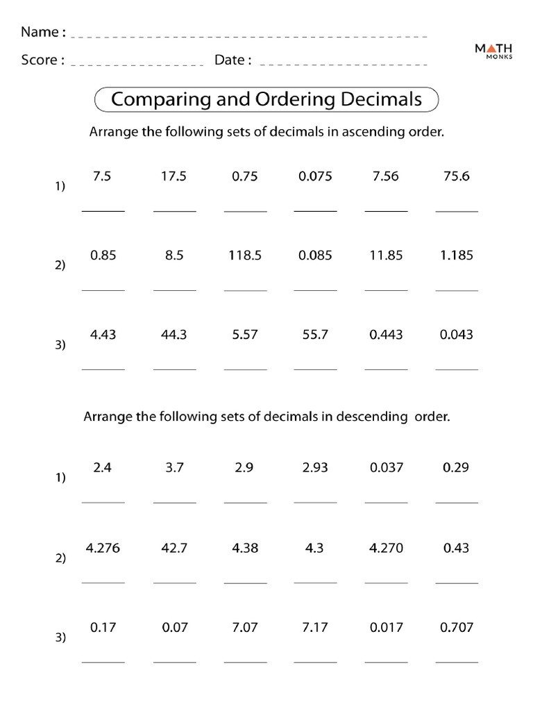 Comparing and Ordering Decimals Worksheets | PDF