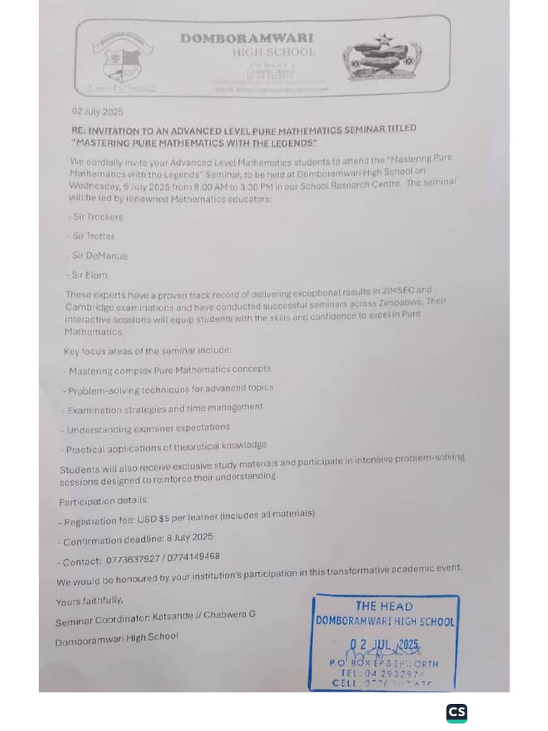 Domboramwari High Pure Mathematics Seminar Invitation Letter | PDF