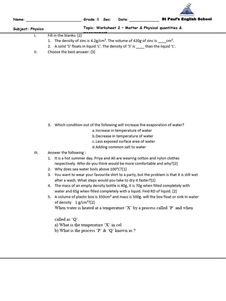 Grade 8 Revision WS2 UT1 2025physics 1 | PDF | Water | Temperature