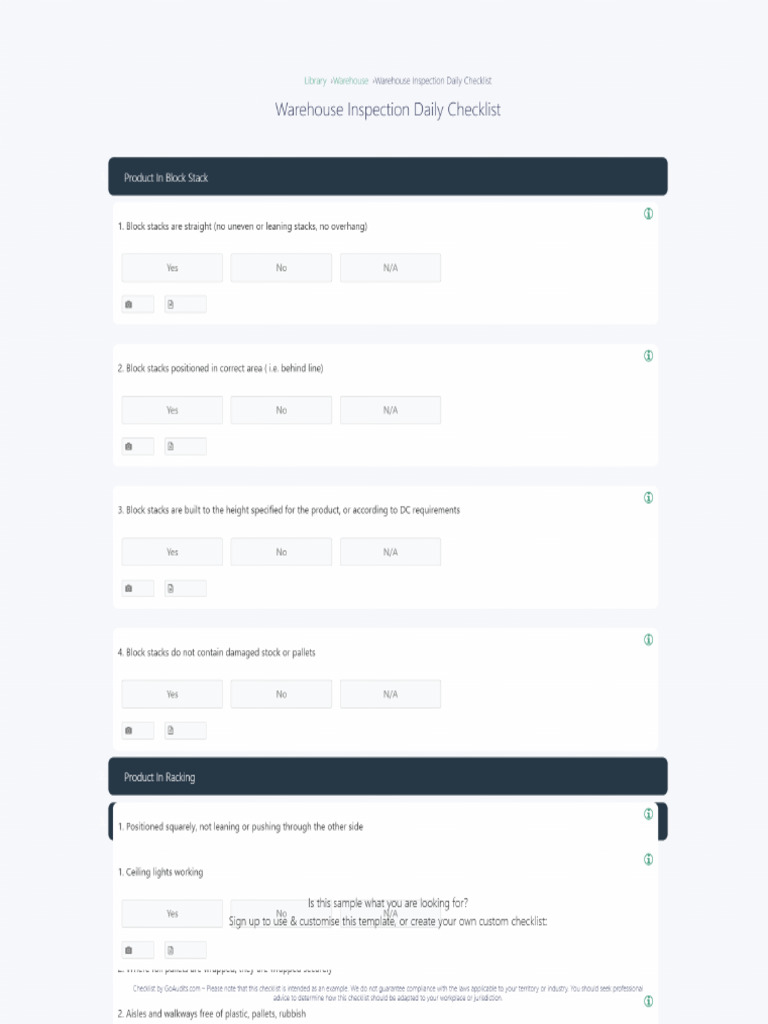 GoAudits - Warehouse Inspection Daily Checklist (Sample) | PDF