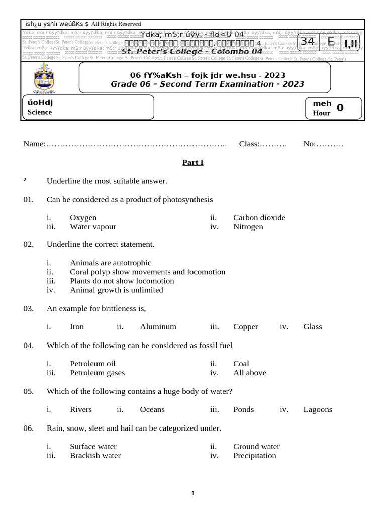 Grade 6 Science Exam Questions | PDF